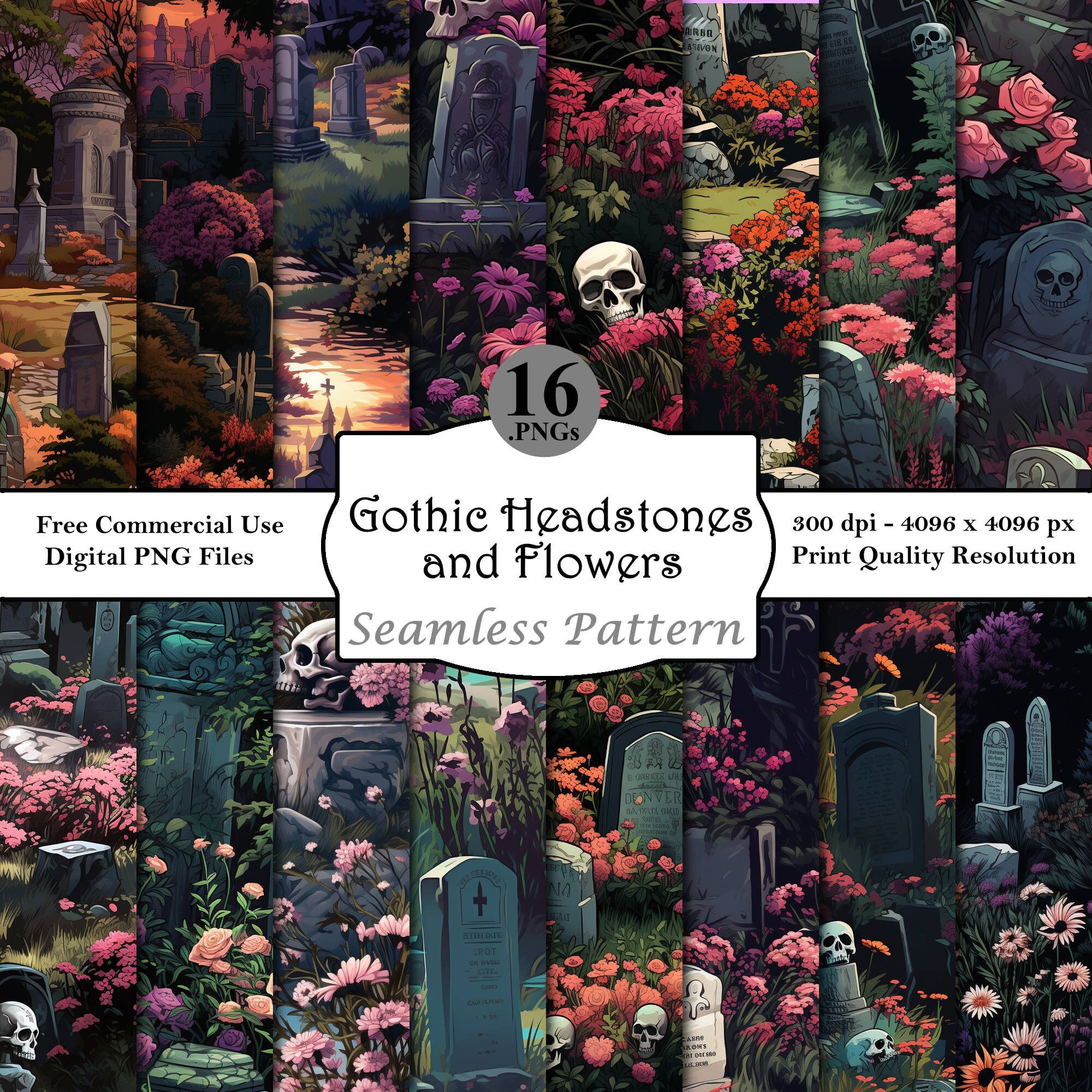 Gothic Headstones & Flowers Seamless Pattern Bundle Digital Papers ...