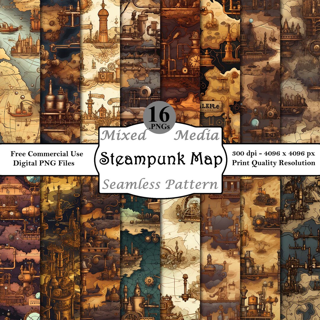 Steampunk Map Seamless Pattern Bundle Digital Papers Printable Instant ...