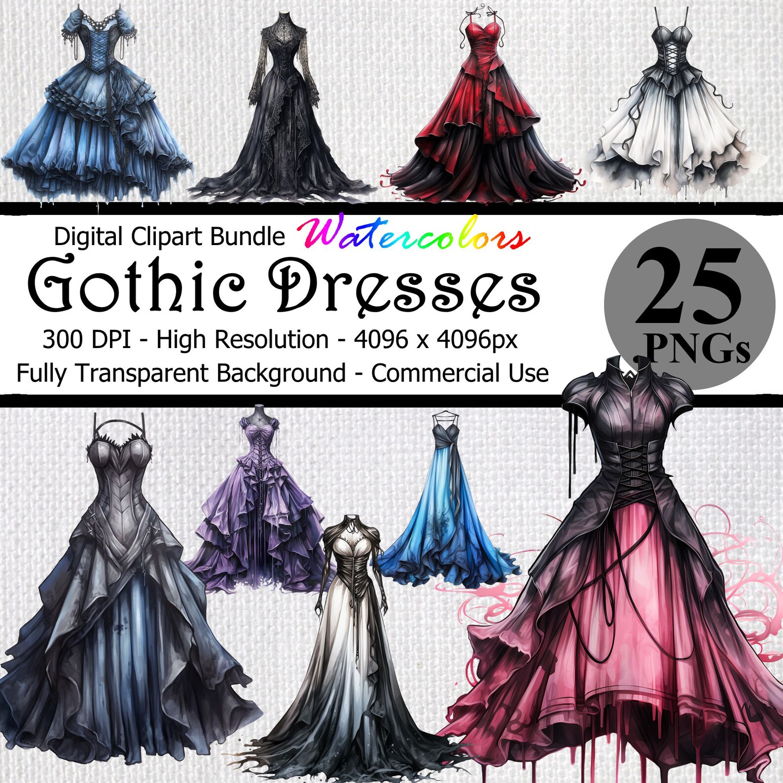 Gothic Dress Watercolor Digital Clipart Bundle Transparent Background ...