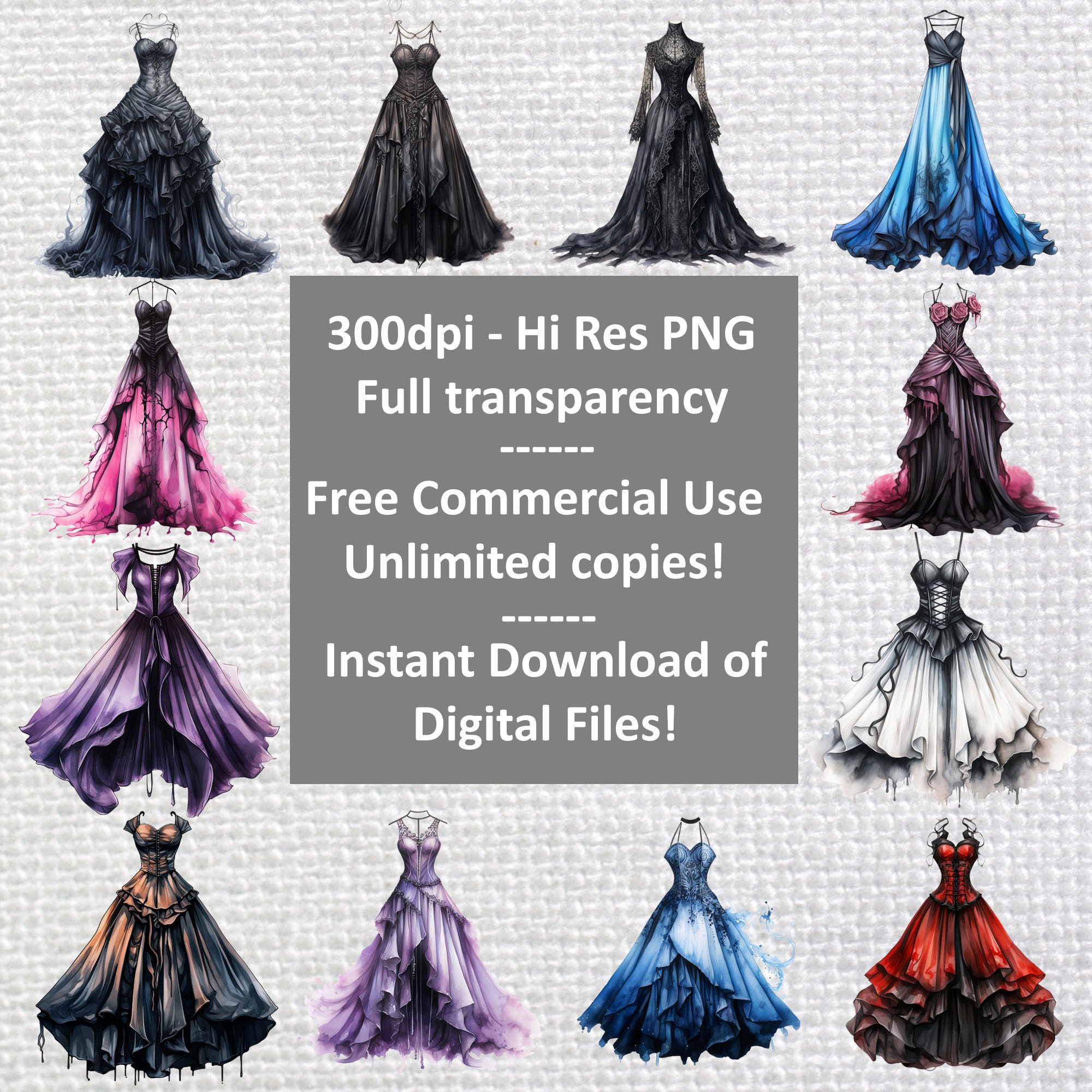 Gothic Dress Watercolor Digital Clipart Bundle Transparent Background ...