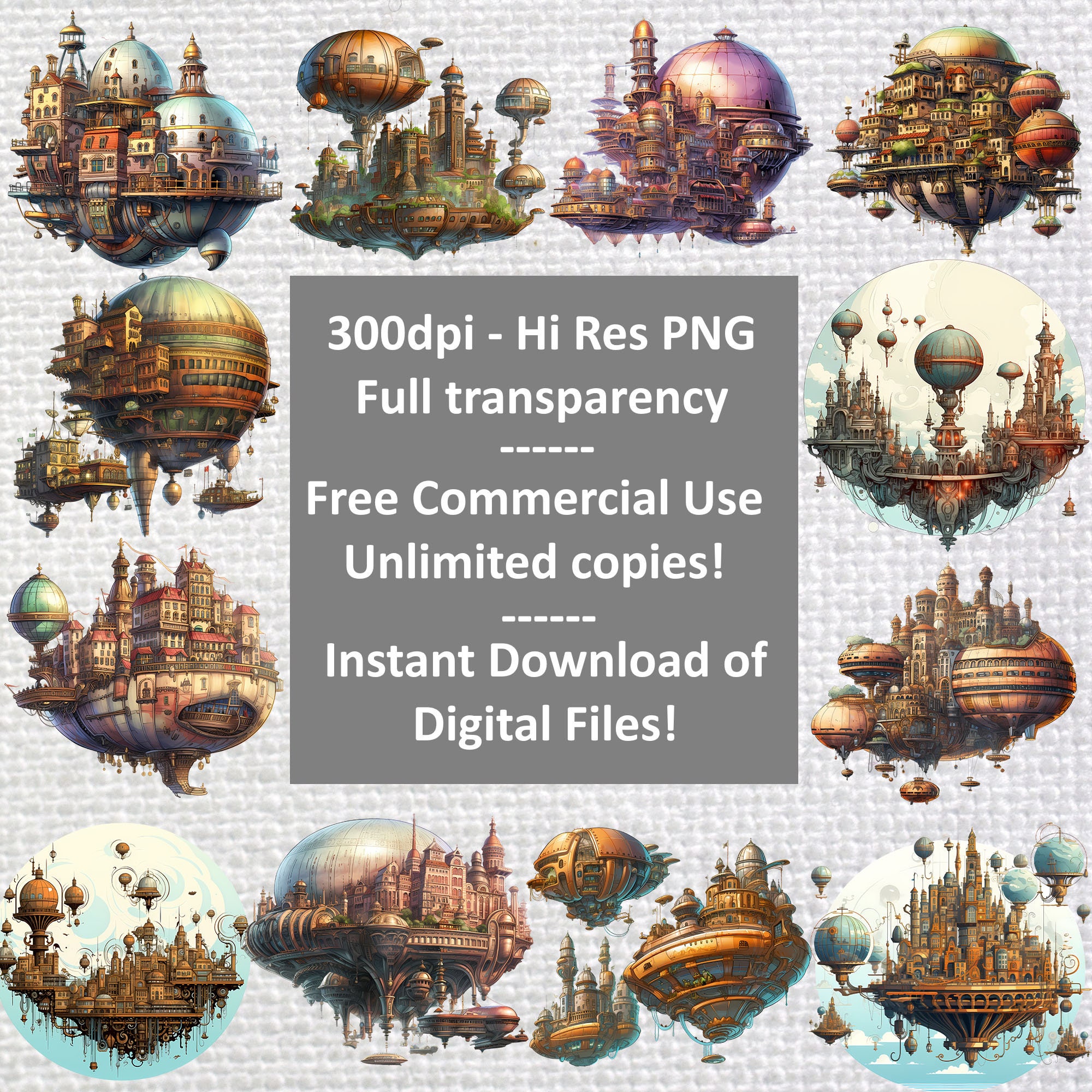 Steampunk Floating City Digital Clipart Instant Download Bundle ...