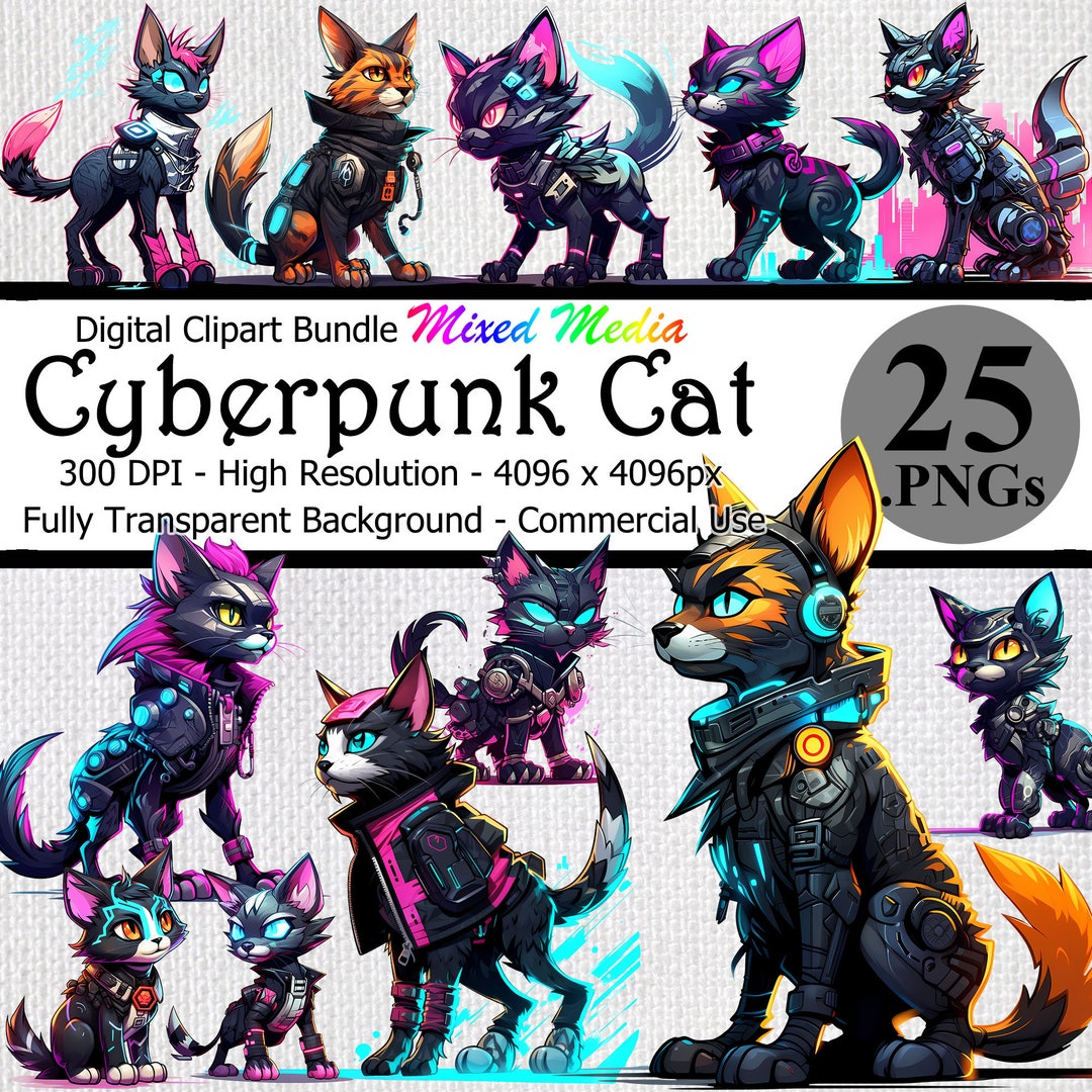 Cyberpunk Cyborg Cat Digital Clipart Instant Download Bundle ...