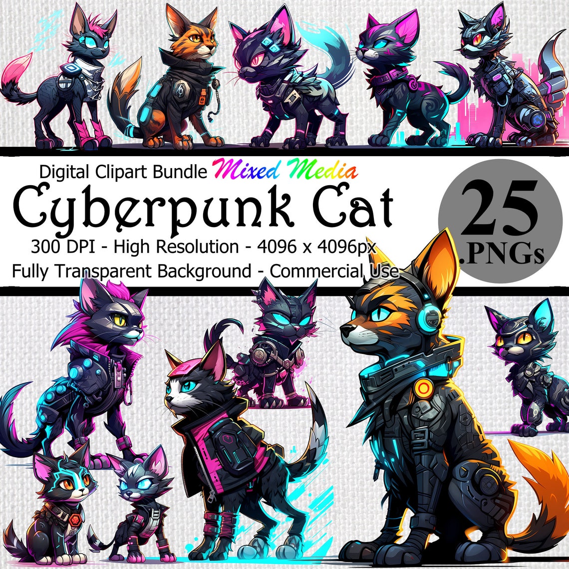 Cyberpunk Cyborg Cat Digital Clipart Instant Download Bundle ...