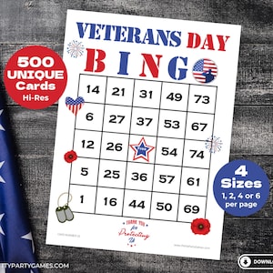 500 Veterans Day Bingo Cards With Numbers, Patriotic Veterans Day Games ...