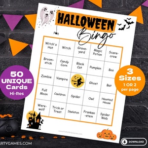 50 Halloween Themed Bingo Cards, Cute Bingo Game for Kids, Classroom ...