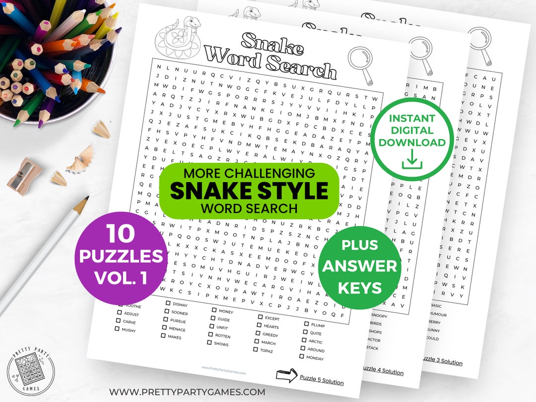 10 Word Snake Printable Word Search Puzzles and Solutions, 10 Puzzle ...