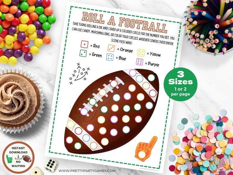 Football Roll A Dice Printable Party Game, Sports Candy Dice Games for ...