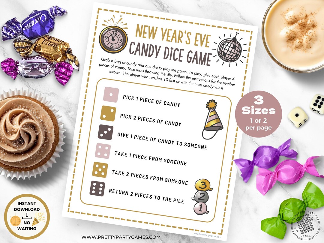 New Years Candy Dice Game Printable, Roll the Dice Holiday Party Game ...