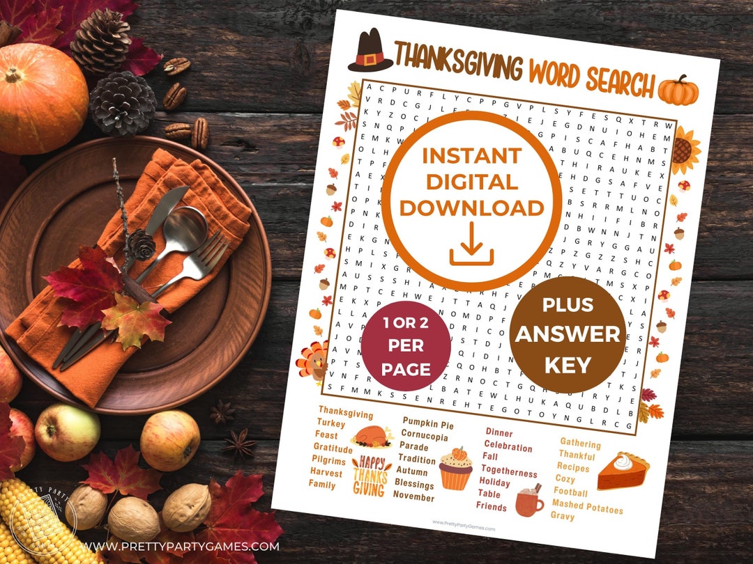 Thanksgiving Word Search Printable Game & Solution, Thanksgiving Party ...
