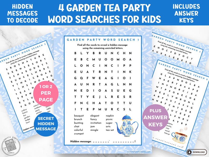 4 Printable Tea Party Word Search Puzzles for Kids, Unique Garden Party ...