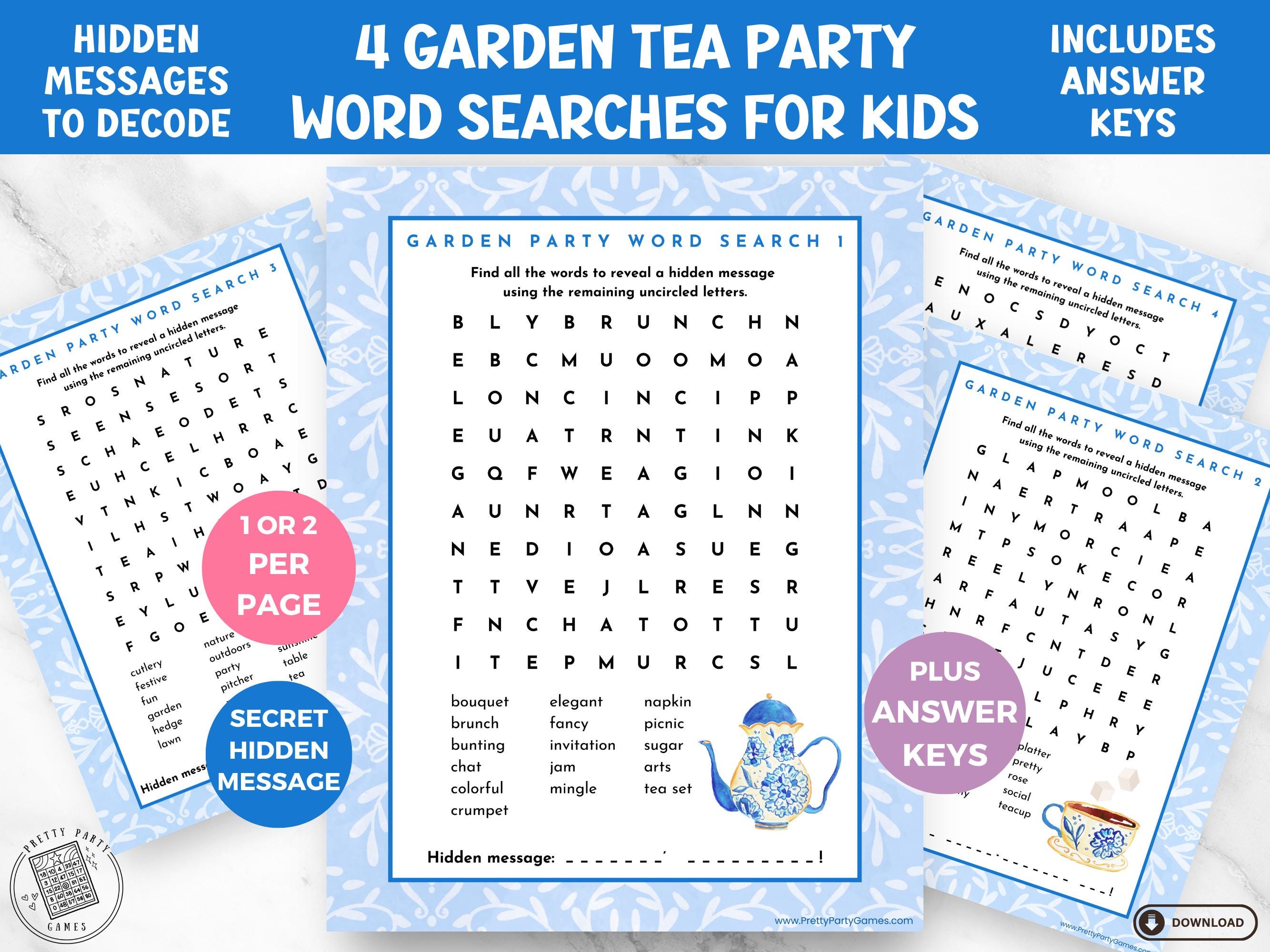 4 Printable Tea Party Word Search Puzzles for Kids, Unique Garden Party ...