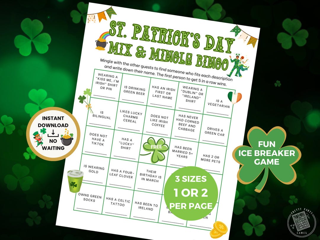 Mix & Mingle Bingo, St Patricks Day Bingo Printable, St. Patrick's Day ...