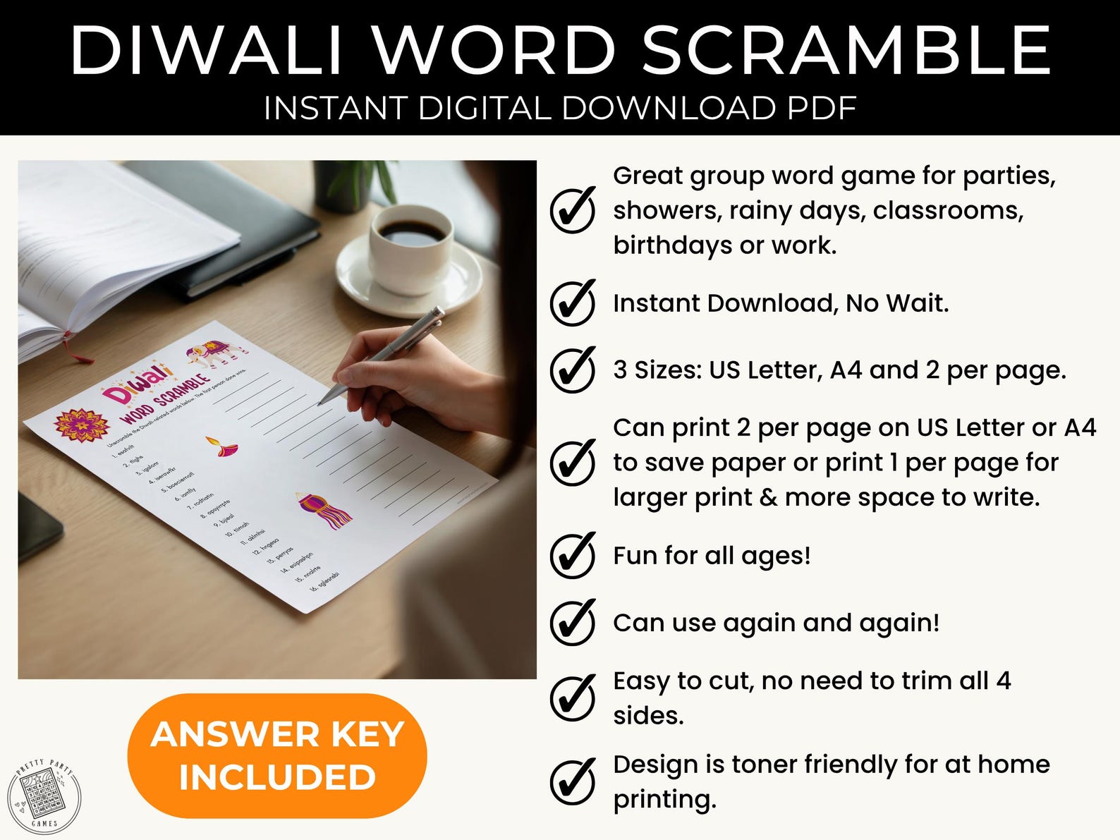 Diwali Word Scramble Printable Game, Festival of Lights Party Game, Fun ...