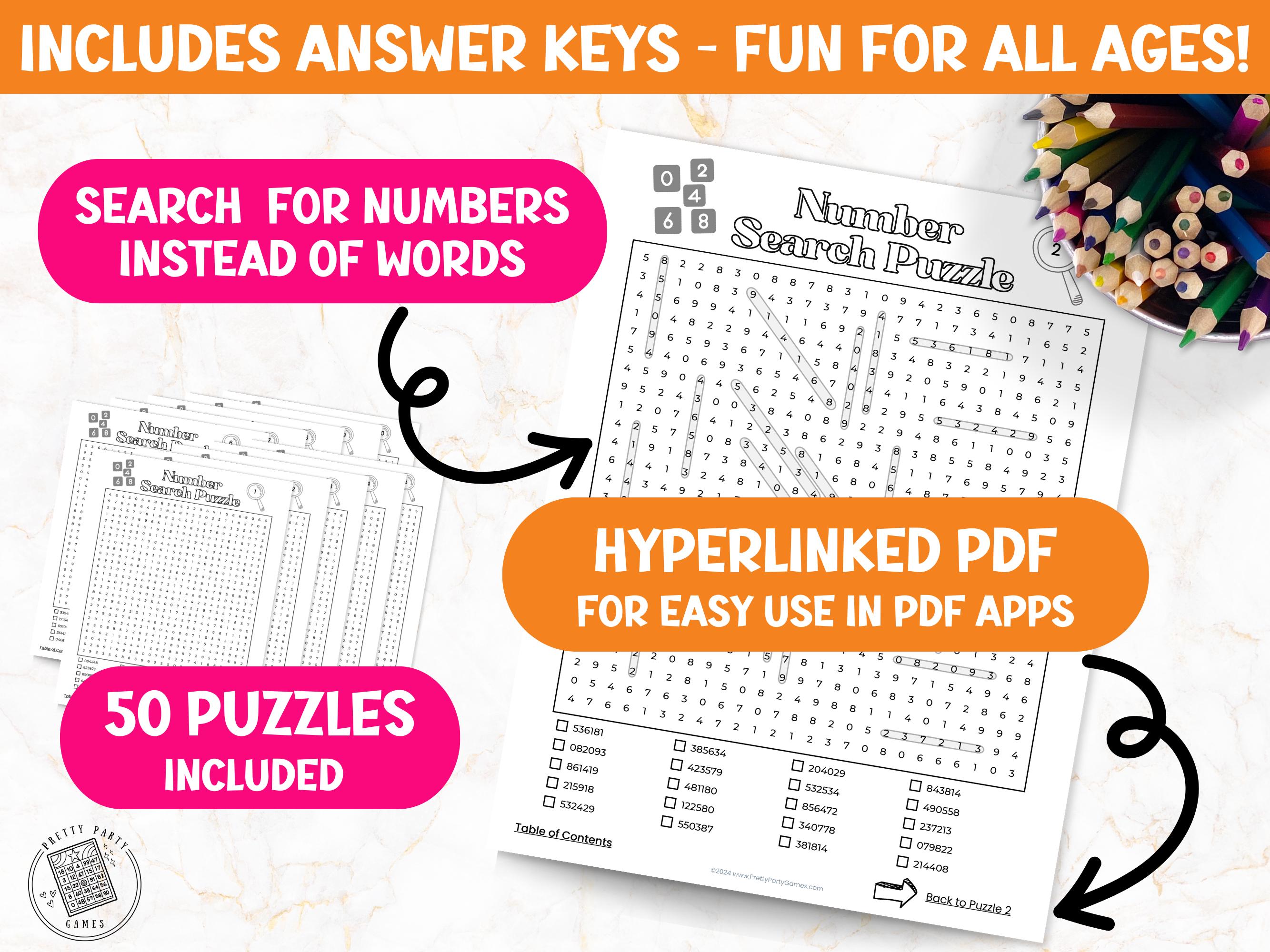 Number Search Puzzle Book, 50 Printable Numeric Word Search Puzzles and ...