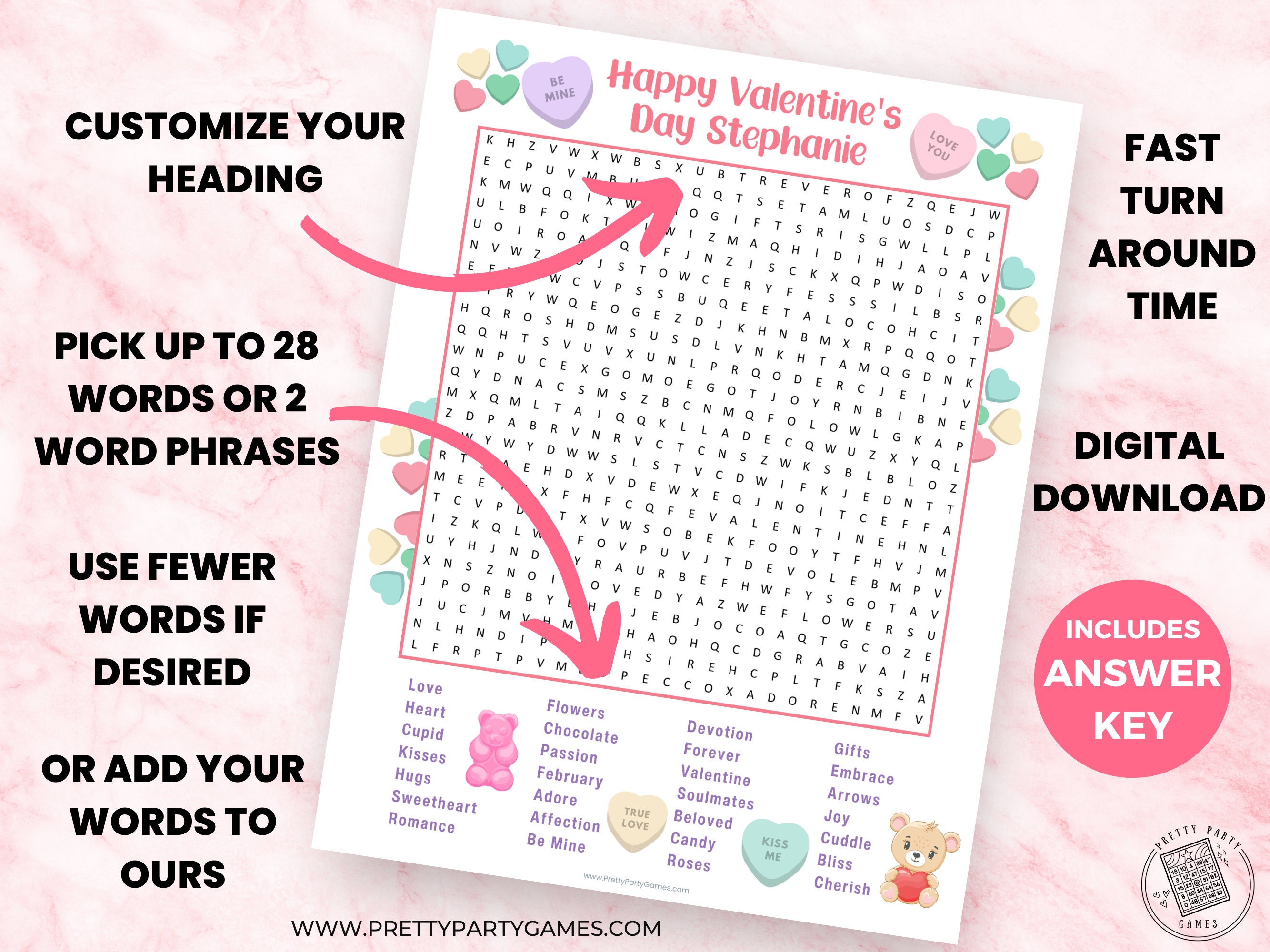 PERSONALIZED Valentine Word Search Printable Game Answer Key, Unique ...