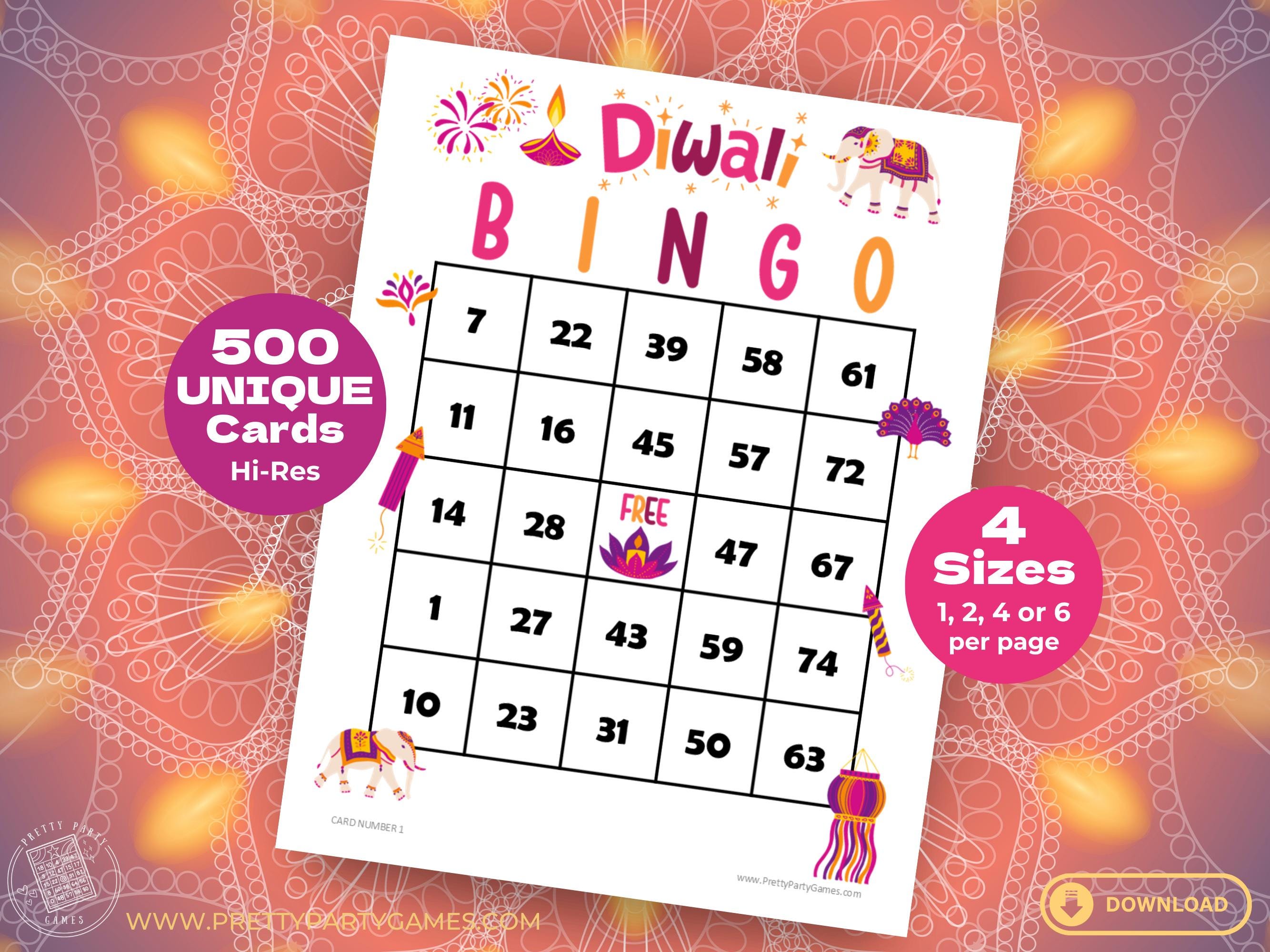 500 Diwali Bingo Cards With Numbers, Festival of Lights Party Ideas ...