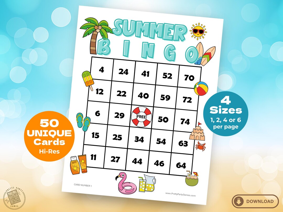 50 Summer Bingo Cards With Numbers, Printable Beach Bingo Cards for ...