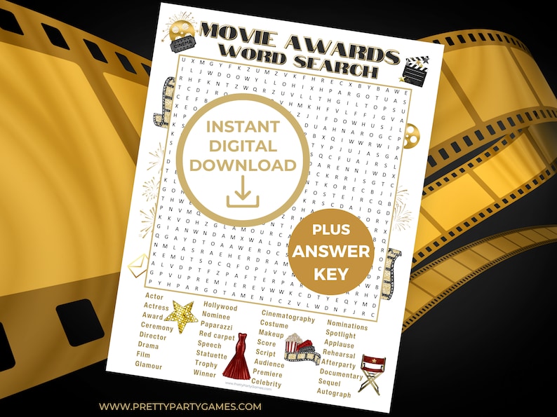 Movie Awards Night Word Search Printable Puzzle + Answer Key, Film ...
