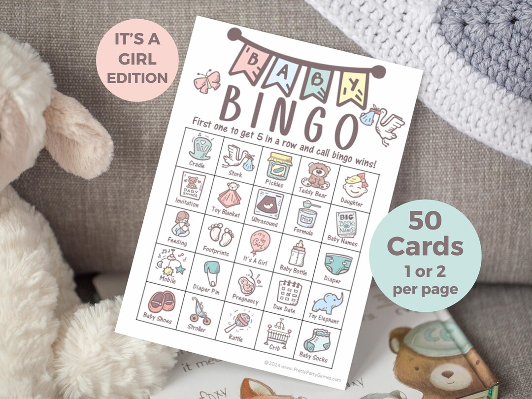 50 Girl Baby Shower Bingo With Pictures, 50 Printable Bingo Cards, It's ...