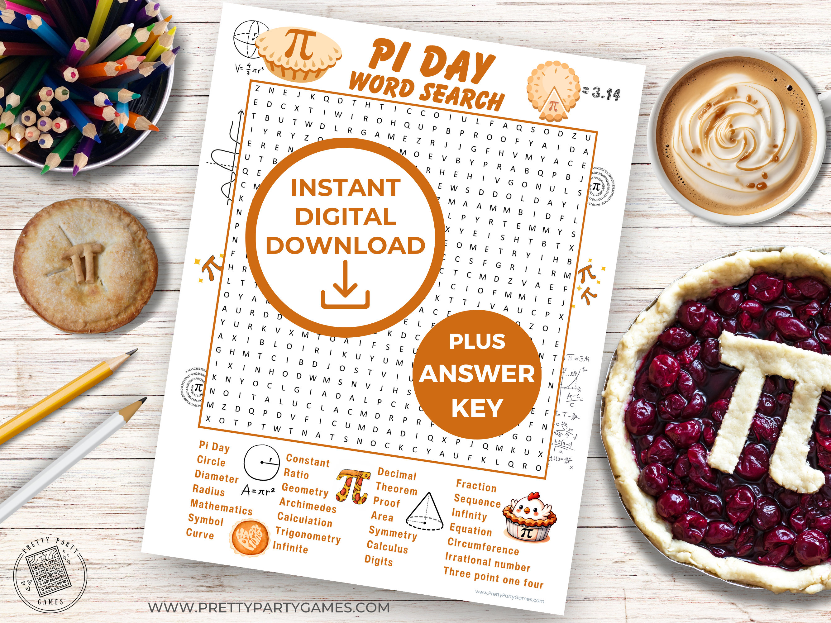 Pi Day Printable Word Search Puzzle for Kids & Adults, Fun Math Pi Day ...