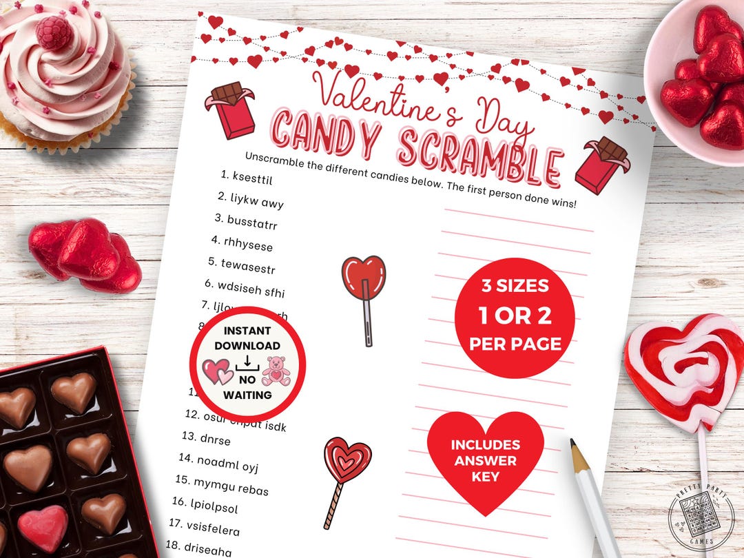 Valentine Candy Scramble Game, Valentine's Day Word Scramble Printable ...