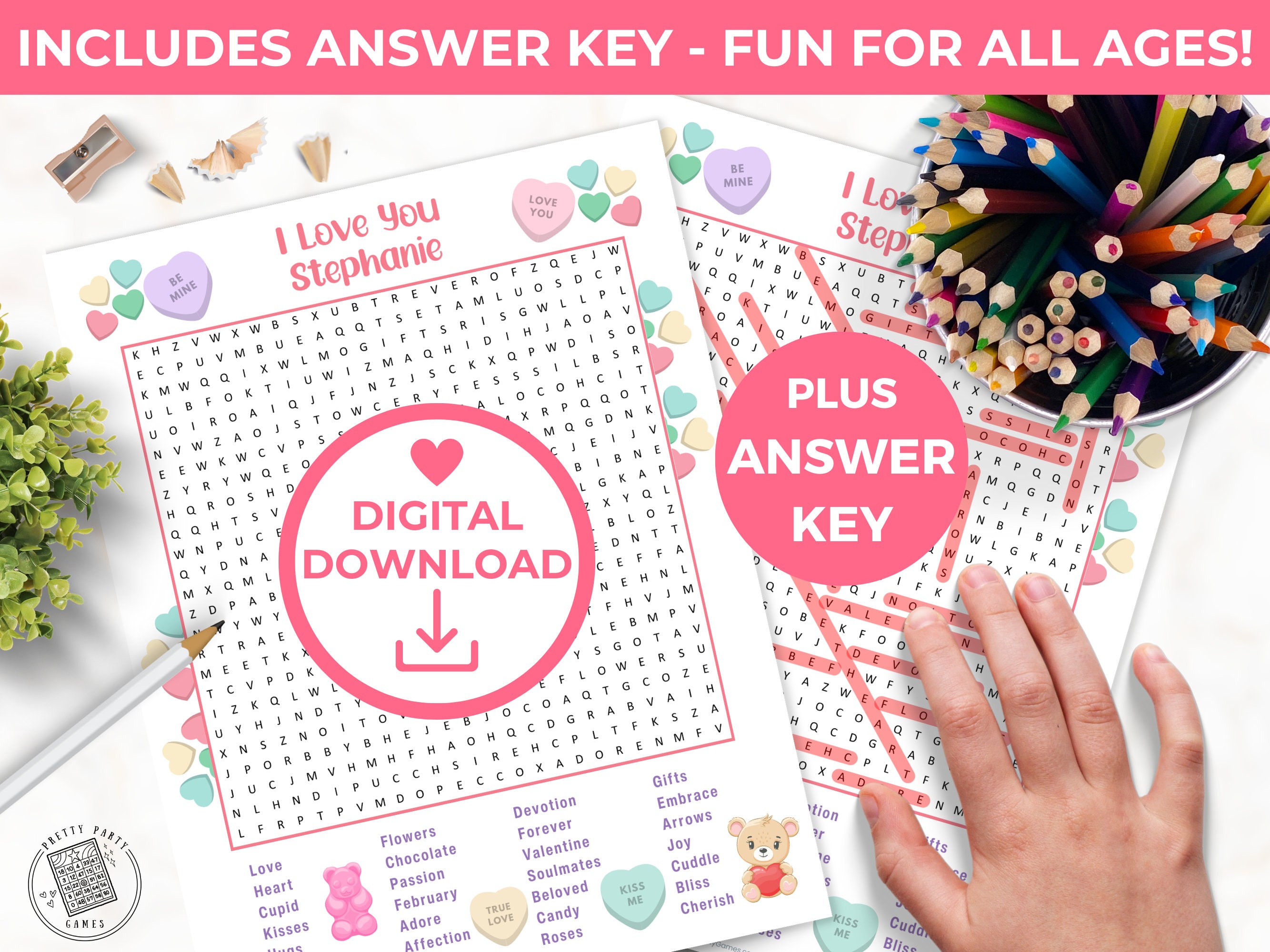 PERSONALIZED Valentine Word Search Printable Game Answer Key, Unique ...