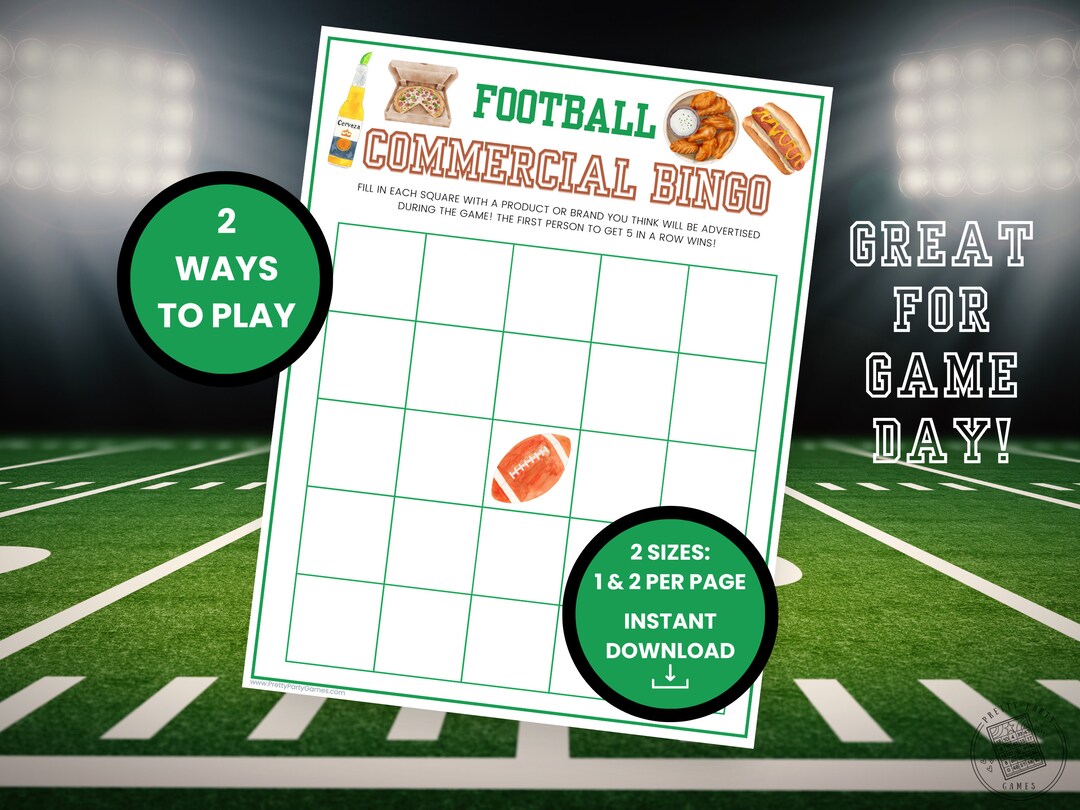 Football Commercial Bingo Card Printable, Unique Bingo Game for Sunday ...