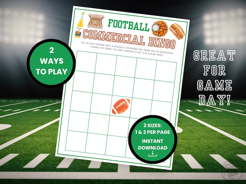 Football Commercial Bingo Card Printable, Unique Bingo Game for Sunday ...