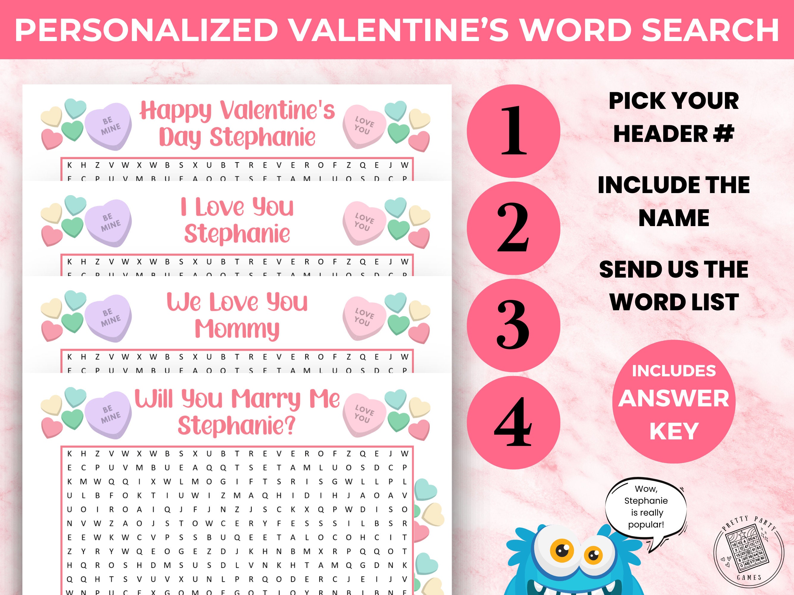 PERSONALIZED Valentine Word Search Printable Game Answer Key, Unique ...