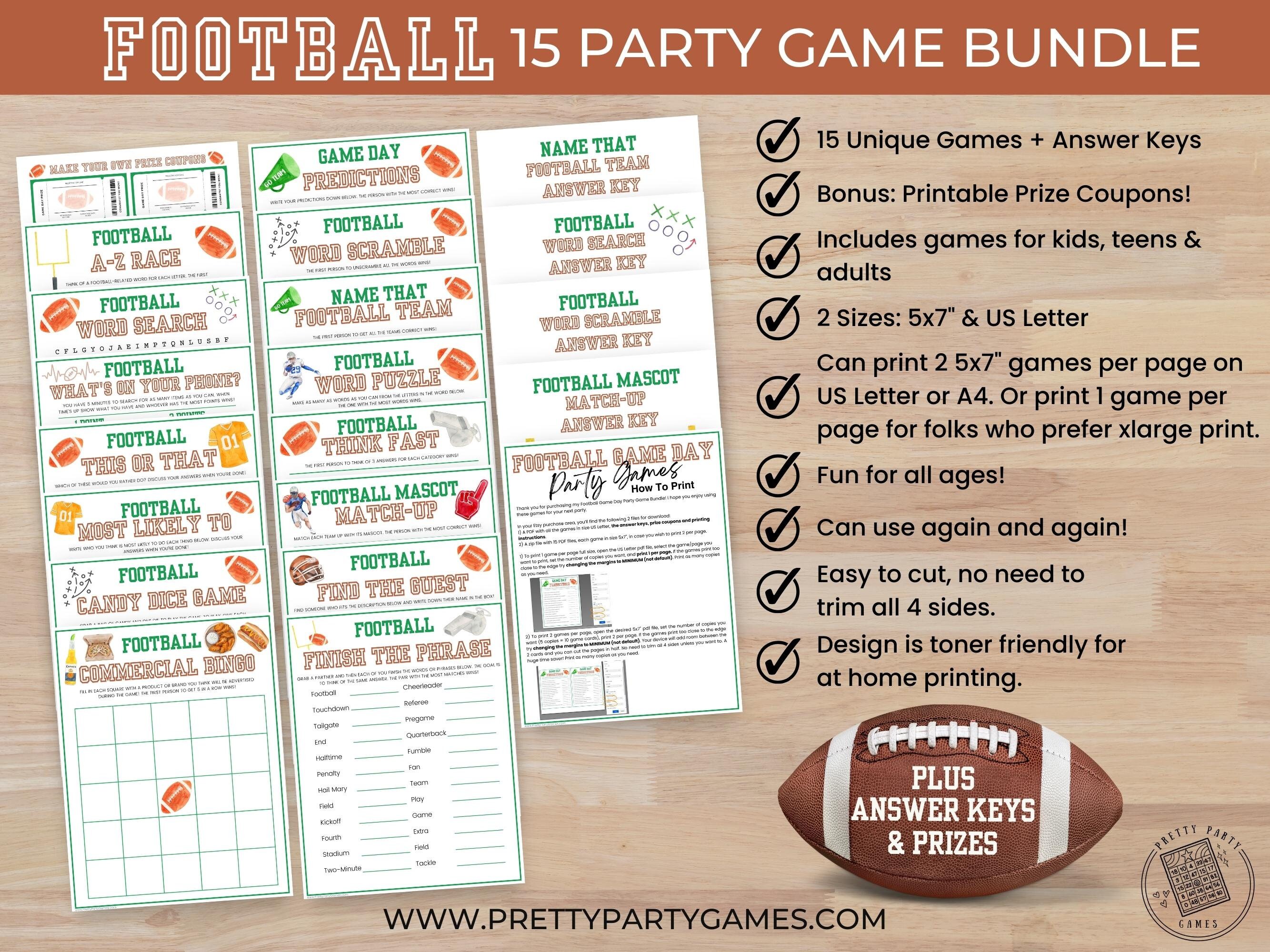 15 Printable Football Party Games Bundle, Fun Games for a Football ...