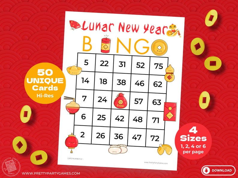 50 Printable Lunar Chinese New Year Bingo Cards With Numbers, 2025 Year ...