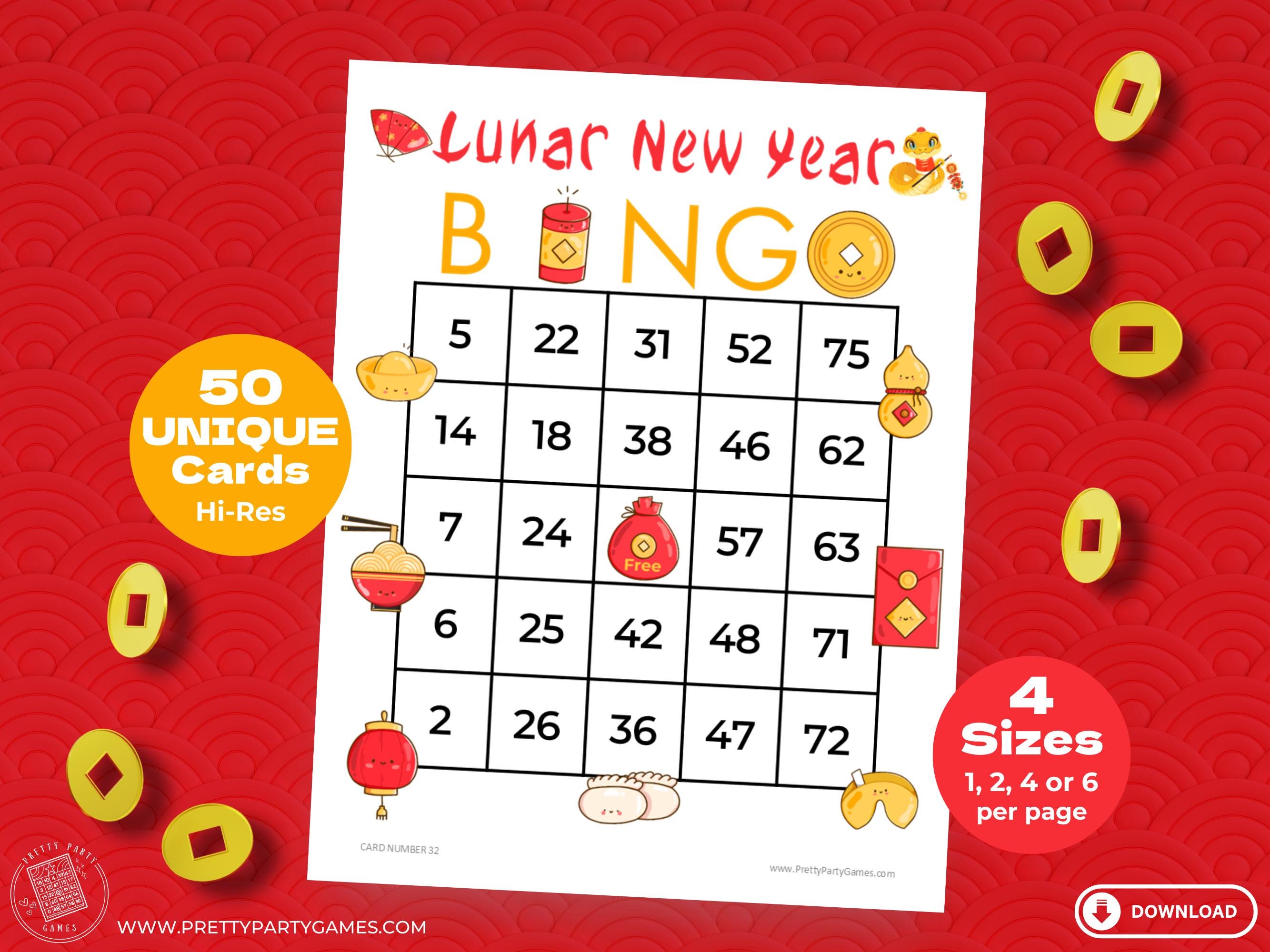 50 Printable Lunar Chinese New Year Bingo Cards With Numbers, 2025 Year ...
