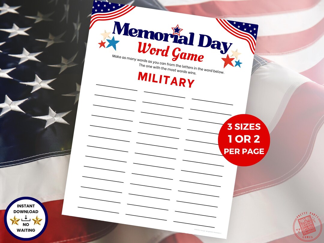Memorial Day Most Words Game, Printable Memorial Day Party Games, Word ...