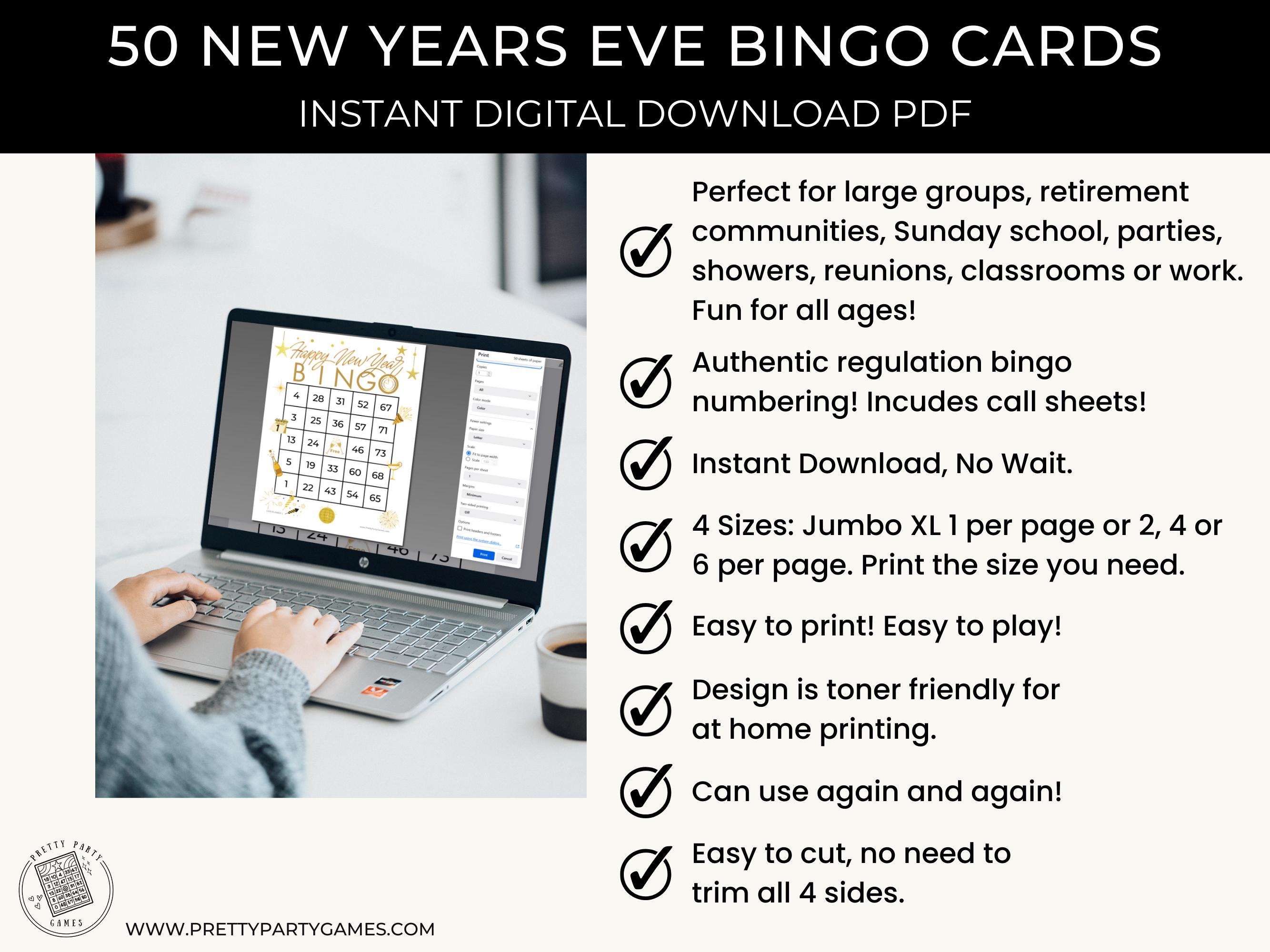 50 Printable New Years Eve Bingo Cards With Numbers, NYE Bingo Game for ...