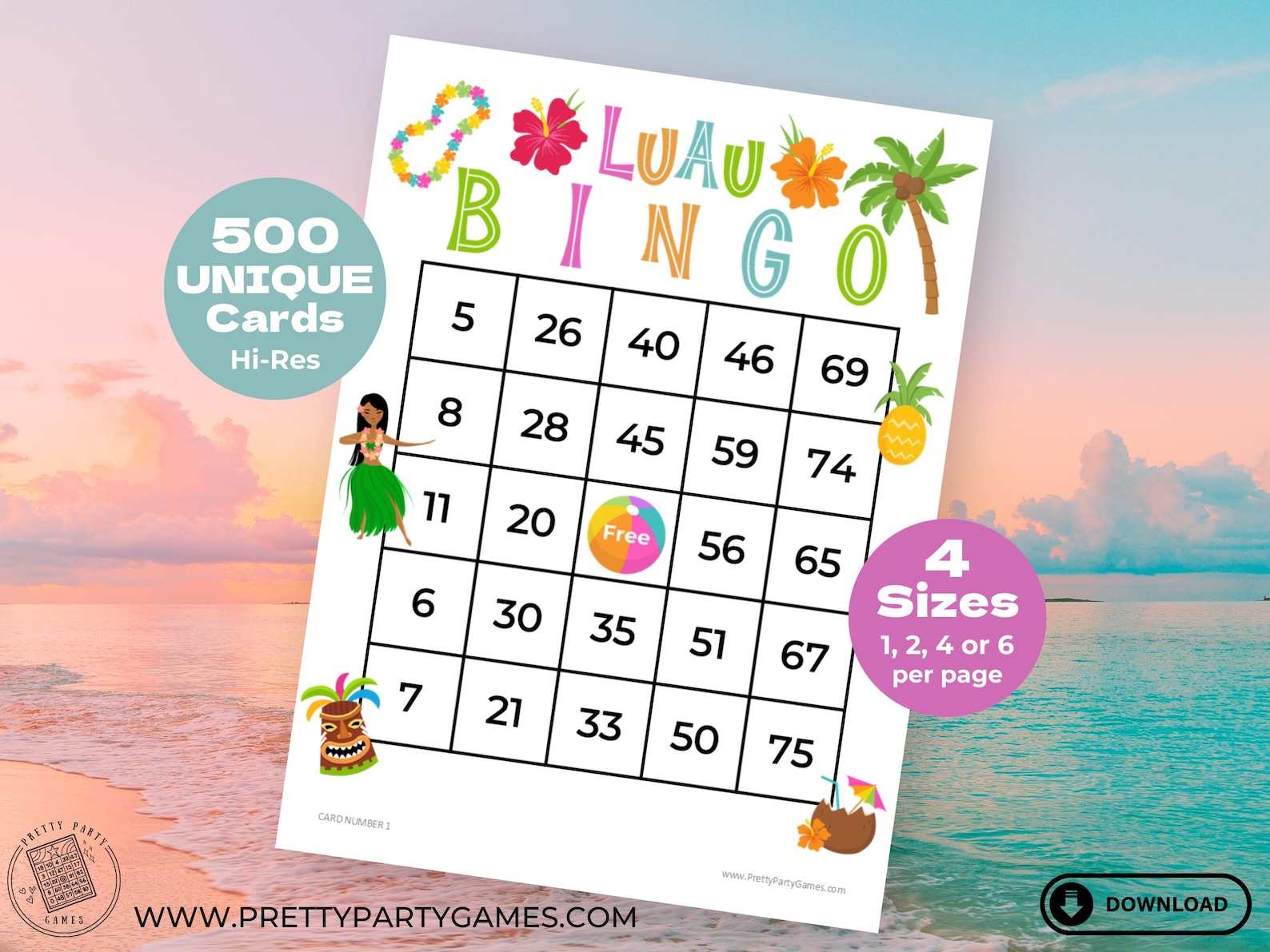 500 Luau Themed Bingo Cards, Tropical Printable Party Games, Aloha ...