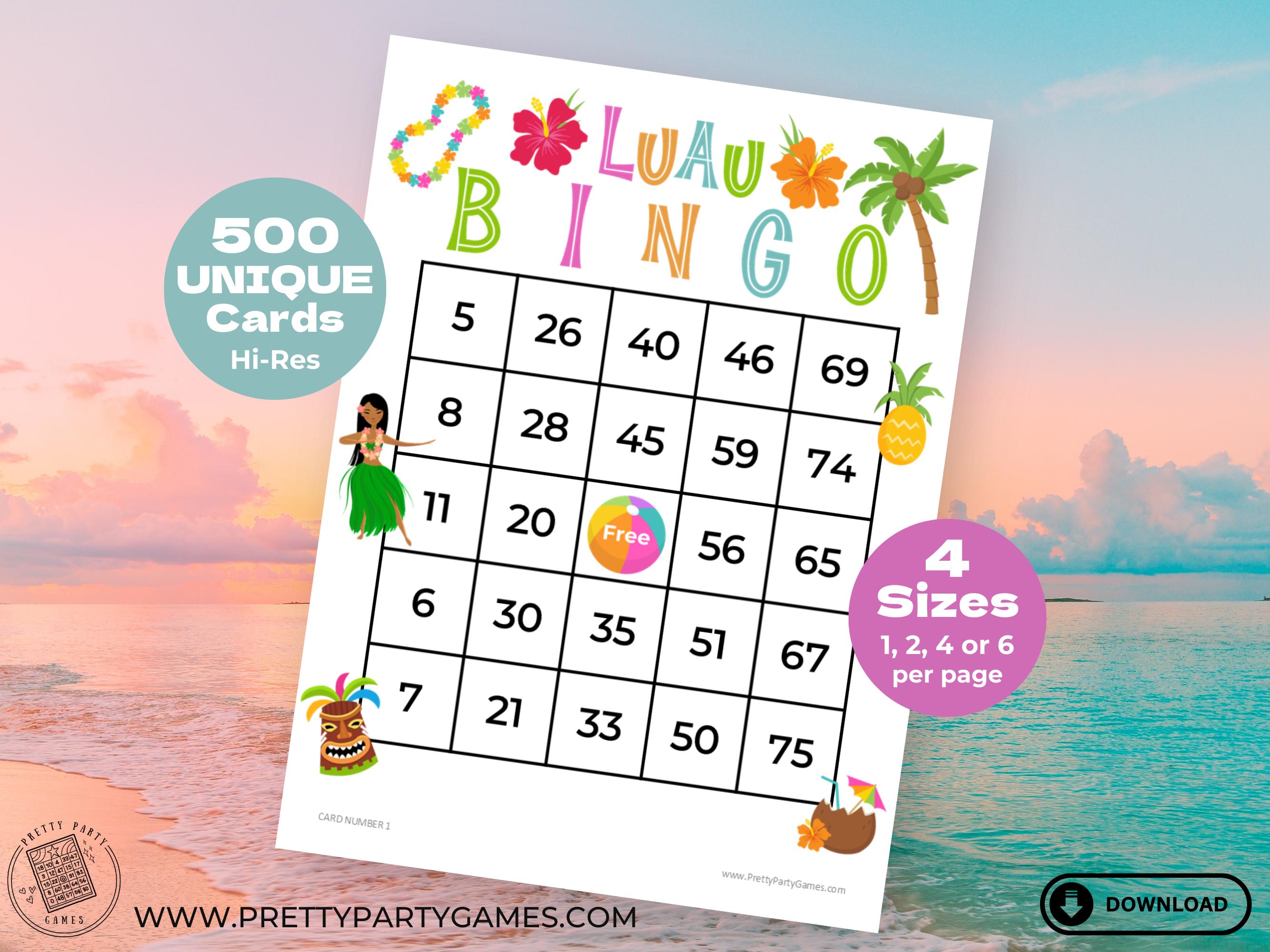 500 Luau Themed Bingo Cards, Tropical Printable Party Games, Aloha ...