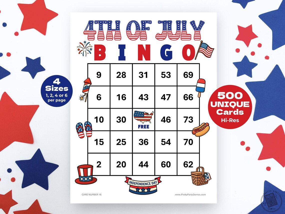 500 July 4th Bingo Cards, Independence Day Party Games for Large Groups ...