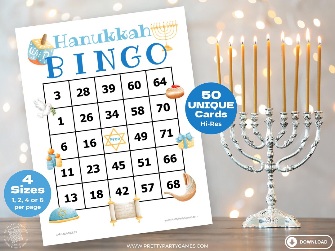 50 Printable Hanukkah Bingo Cards With Numbers, Fun Bingo Night Game ...