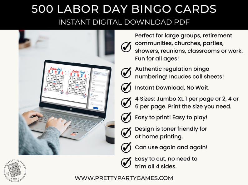 500 Labor Day Bingo Cards With Numbers, 4 Sizes: 1, 2, 4 or 6 per Page ...