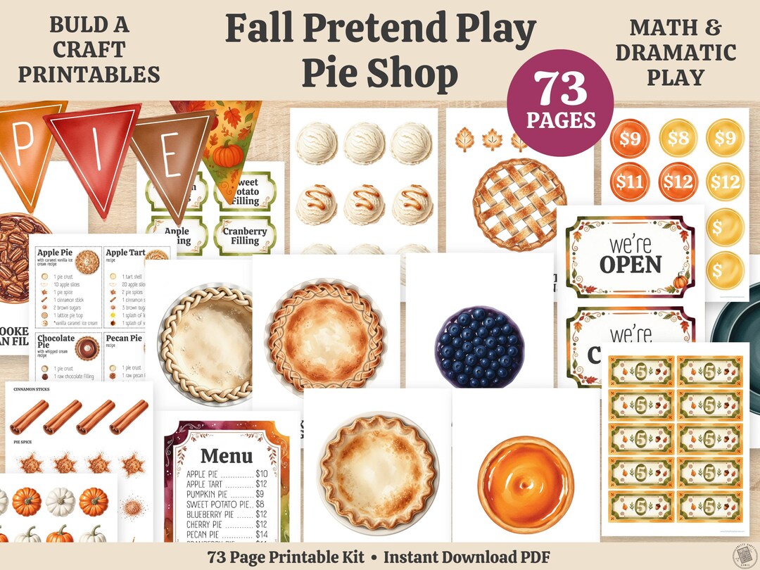 Printable Pie Shop Pretend Play Kit, 73 Page Kids Dramatic Play ...