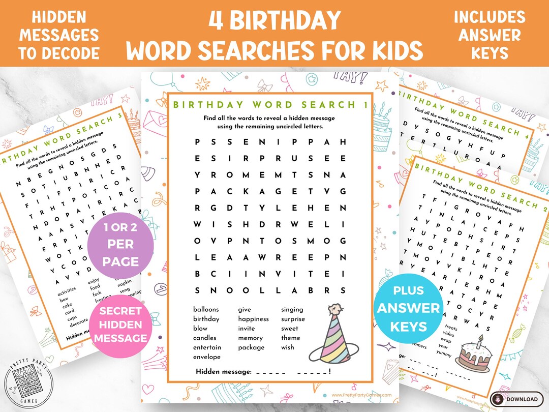 4 Printable Birthday Word Search Puzzles for Kids, Happy Birthday Party ...