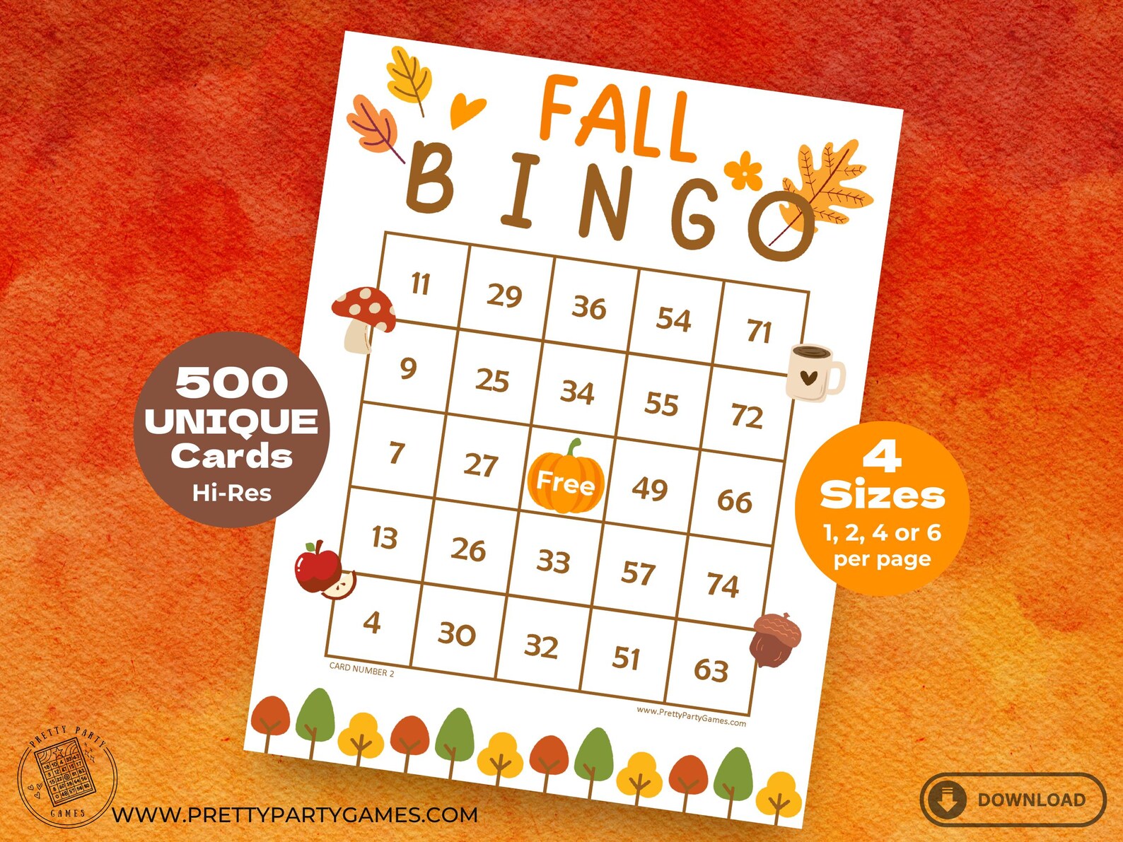 500 Fall Bingo Cards With Numbers, Autumn Printable Party Game, Fun ...
