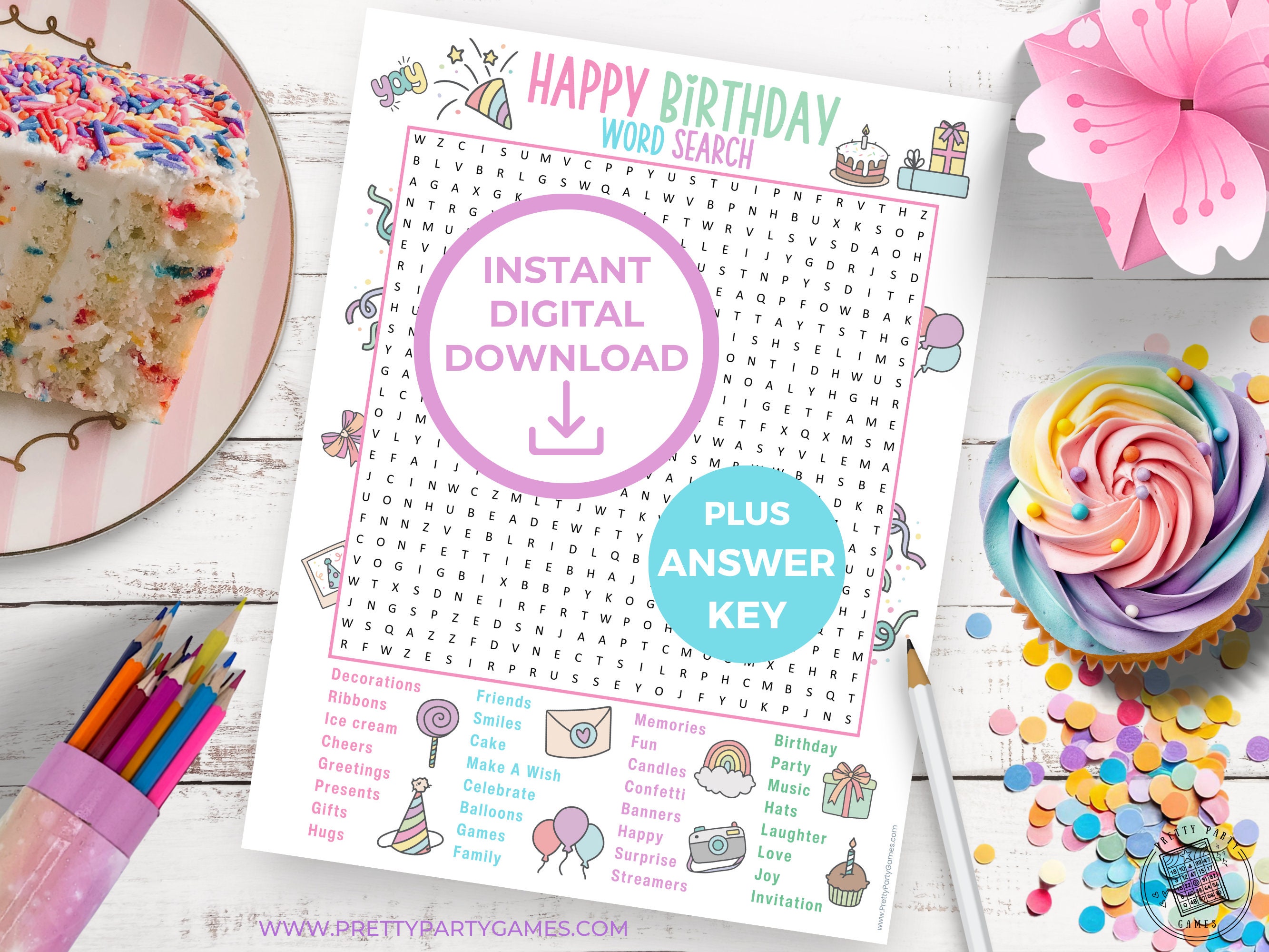 Happy Birthday Word Search Printable + Answer Key, Birthday Party Games ...