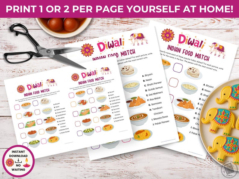 Indian Food Match Game, Printable Diwali Trivia Game for Kids, Festival ...