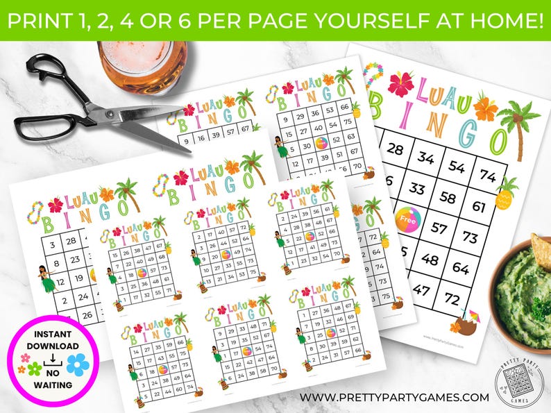 500 Luau Themed Bingo Cards, Tropical Printable Party Games, Aloha ...