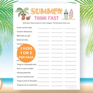 Summer Think Fast Game, Summer Camp Beach Trip or Pool Party Games for ...