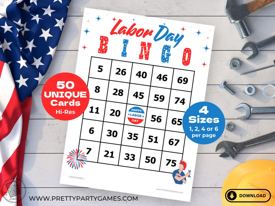 50 Labor Day Bingo Cards With Numbers, 4 Sizes: 1, 2, 4 or 6 per Page ...