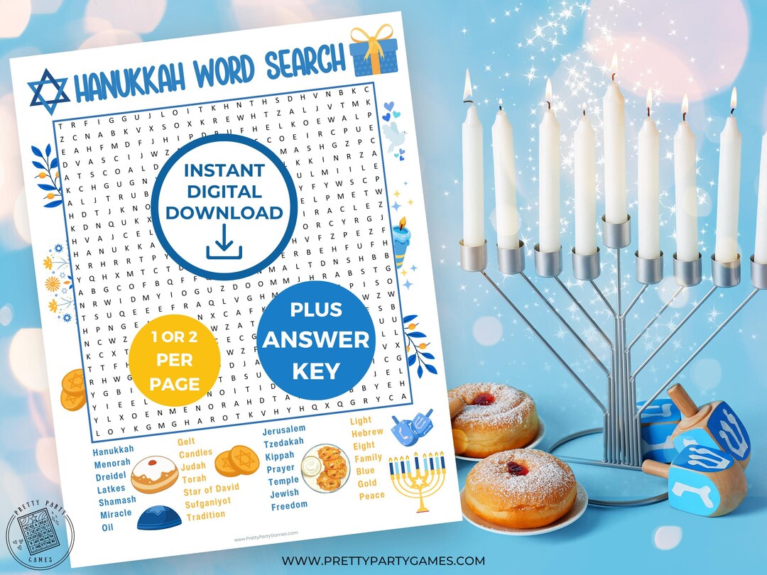 Hanukkah Word Search Printable Game & Solution, Hanukkah Dinner Party ...