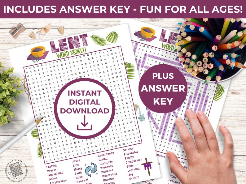 Lent Word Search Printable + Answer Key, Lenten Games for Kids & Adults ...