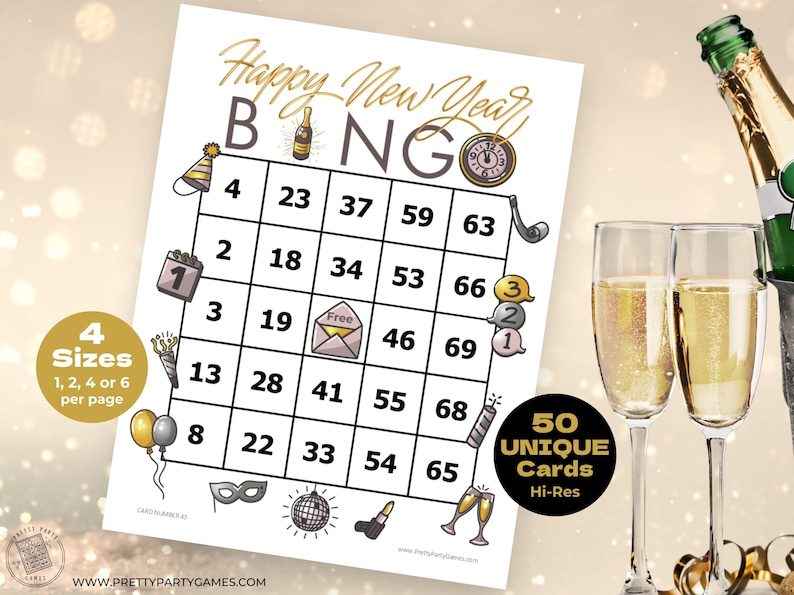 50 Printable New Years Eve Bingo Cards With Numbers, New Years Bingo ...